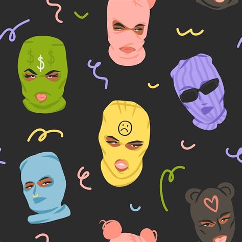 발라클라바 매끄러운 패턴의 산적 소녀들과 함께 손으로 그린 추상 벡터 그래픽 클립 아트 일러스트레이션 컬렉션트렌디한 현대 여성 디자인 컨셉벡터 여성 패션 초상화 현대 미술