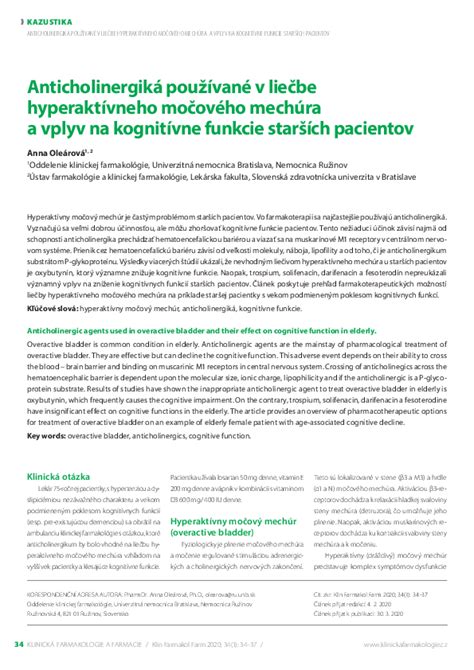 Pdf Anticholinergic Agents Used In Overactive Bladder And Their Effect On Cognitive Function