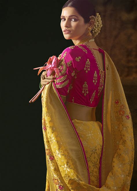 Silk Yellow Heavy Embroidered Lace Border Saree With Embroidered Blouse