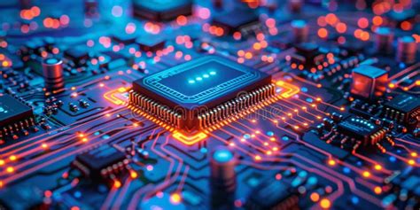 A Futuristic Circuit Board Showcasing A Glowing Microchip With Electric