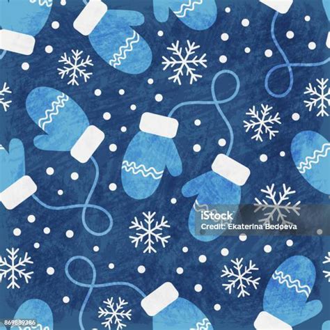 손으로 그린 파란 장갑과 파란색 배경에 눈송이와 빈티지 겨울 완벽 한 패턴입니다 패턴에 대한 스톡 벡터 아트 및 기타 이미지 패턴 겨울 벙어리 장갑 Istock