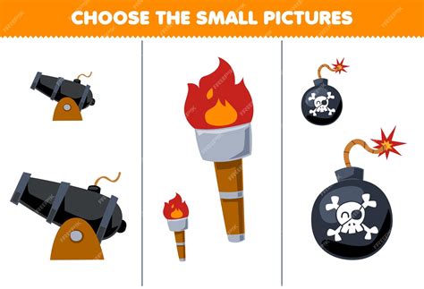 어린이를 위한 교육 게임은 귀여운 만화 대포 횃불과 폭탄 인쇄 가능한 해적 워크시트의 작은 그림을 선택합니다 프리미엄 벡터
