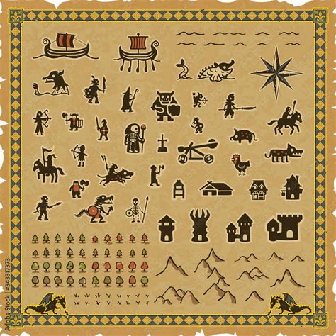 Vector Set Of Medieval Fantasy Map Icons Including Buildings Ships