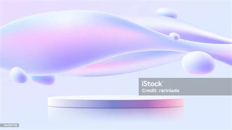 부드러운 파란색 배경에 공기 중에 떠 있는 유체 또는 액체 요소가 있는 3d 홀로그램 컬러 연단 스탠드 파도 패턴에 대한 스톡 벡터 아트 및 기타 이미지 Istock