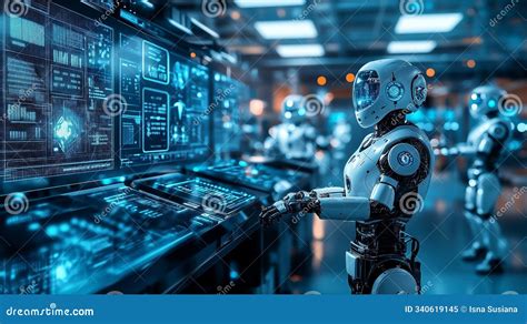 Advanced Ai Robot Analyzing Data In Futuristic Control Room Stock Illustration Illustration Of