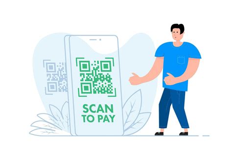 A Man Stands Near The Smartphone On The Screen Qr Code And Text Scan To Pay QR Code Payment