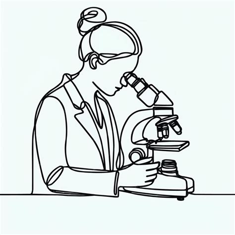 Continuous One Line Drawing Of Female Scientist Working Using Microscope Research And Science