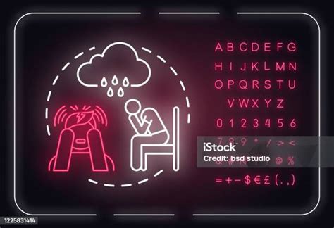 우울증 네온 라이트 개념 아이콘입니다 외로움 슬픔 정신 질환 아이디어 얇은 라인 삽화아이디어 알파벳 숫자 및 기호와 외부 빛나는