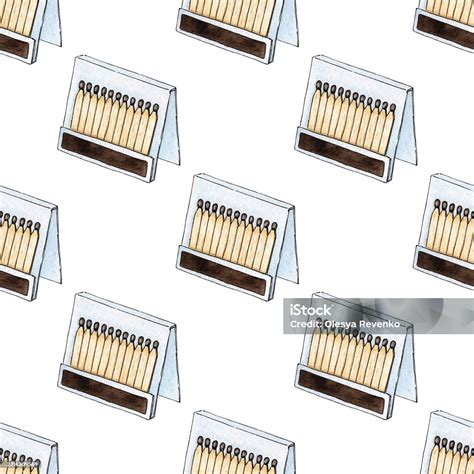 빨간 성냥으로 가득 찬 성냥갑의 수채화 삽화 패턴 불꽃을 얻으십시오 불을 피우십시오 불에 탄 나무 막대기 손으로 그린 낙서 흰색