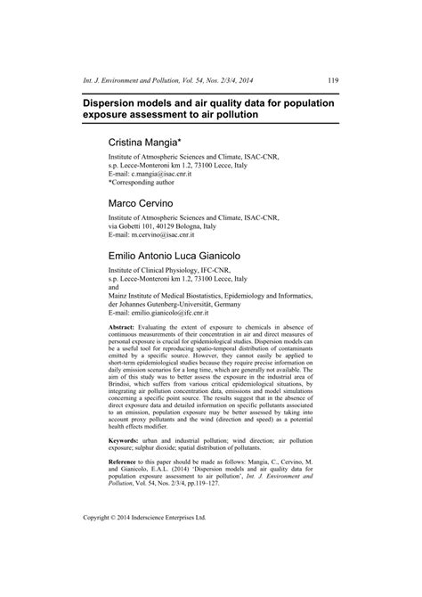 Pdf Dispersion Models And Air Quality Data For Population Exposure