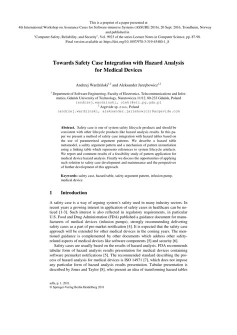 PDF Towards Safety Case Integration With Hazard Analysis For Medical Devices