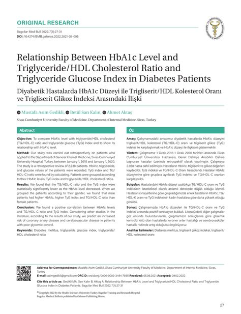 Pdf Relationship Between Hba1c Level And Triglyceride Hdl Cholesterol Ratio And Triglyceride