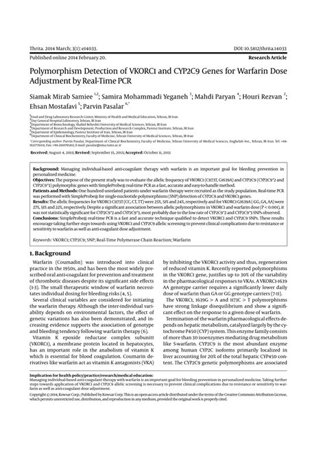 Pdf Polymorphism Detection Of Vkorc1 And Cyp2c9 Genes For Warfarin