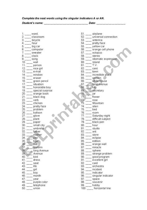 A Or An Singular Indicator Esl Worksheet By Johnovano