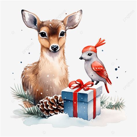 겨울 크리스마스 그림 선물 색깔의 상자를 들고 있는 재미있는 사슴과 멋쟁이 새의 일종 겨울 만화 크리스마스 숲 Png