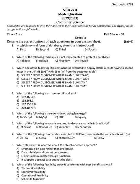 Computer Science Neb Grade 12 Model Question 2079 2023