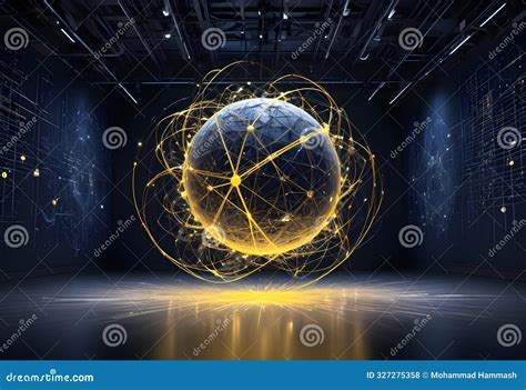 A Digital Globe With Glowing Yellow Lines Representing Connections And Data Flow Floating In A