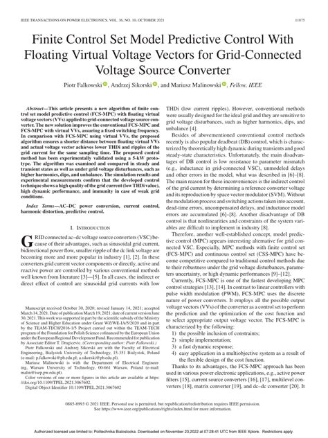 Pdf Finite Control Set Model Predictive Control With Floating Virtual Voltage Vectors For Grid