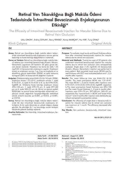 Pdf The Efficasity Of Intravitreal Bevacizumab Injection For Macular Edema Due To Retinal Vein