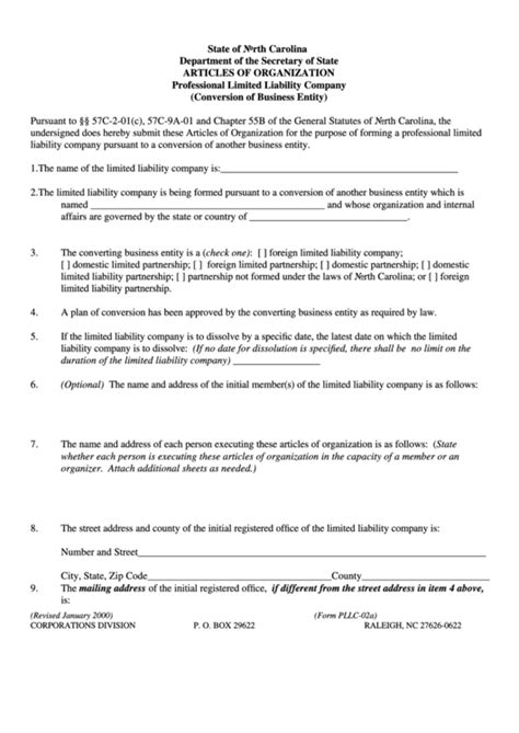 Form Pllc 02a Articles Of Organization Professional Limited Liability