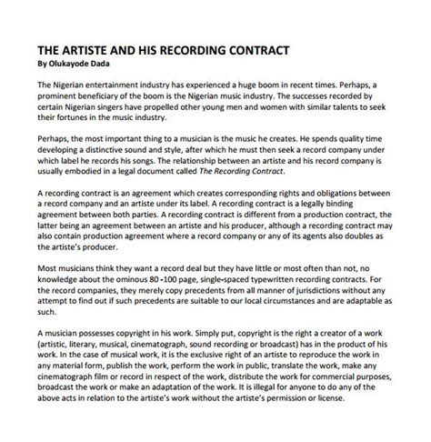 Record Deal Contract Template Recording Contract Template 11 Download Documents In Williamson