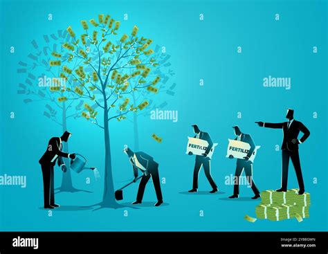 Businessman Confidently Standing On A Stack Of Cash Commanding Workers To Cultivate Money Trees