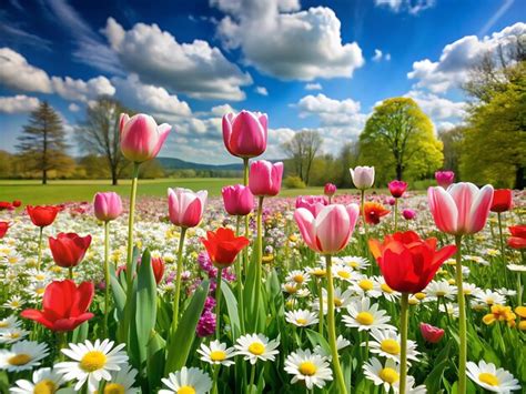 Spring Landscape With Tulips And Daisies Premium Ai Generated Image