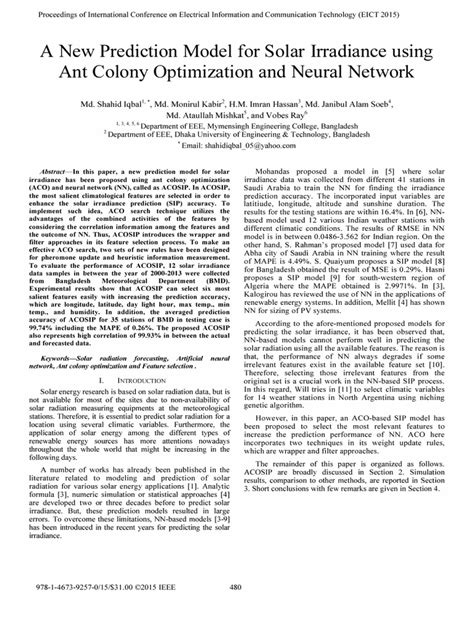 2015 A New Prediction Model For Solar Irradiance Using Ant Colony Optimization And Neural