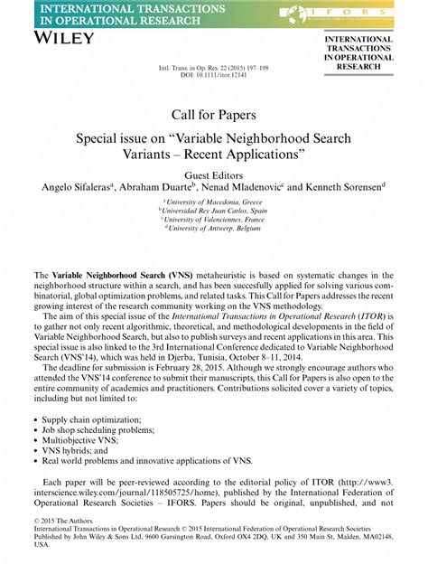 Pdf Special Issue On Variable Neighborhood Search Variants Recent Applications