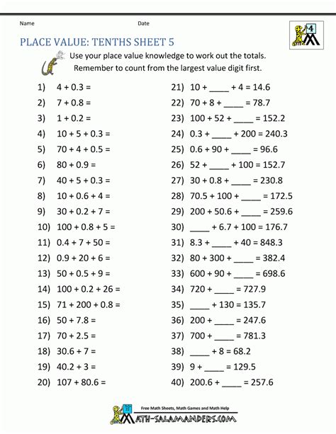 Grade 4 Math Printable Worksheets Decimal Placing Worksheets Hq