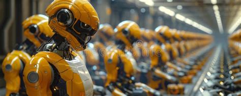 A Futuristic Factory With Robotic Arms In An Assembly Line Producing High Tech Robots Stock