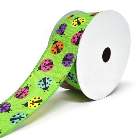 Vibrant Colored Lady Bugs Wired Linen Ribbon 1 12 Inch 10 Yard