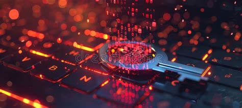 Digital Security Concept Glowing Key Over Laptop With Binary Code And Firewall Elements Stock