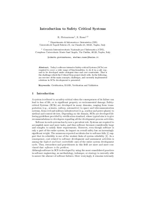 Pdf Introduction To Safety Critical Systems