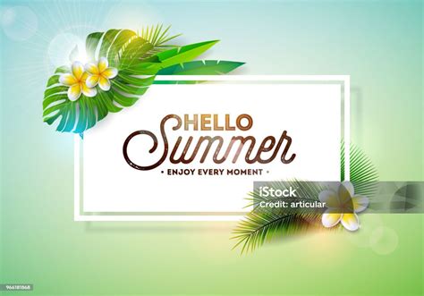 열 대 식물 및 깨끗 한 배경에 꽃 벡터 안녕하세요 여름 휴가 인쇄 술 일러스트 배너 전단지 초대장 브로셔 포스터 또는 인사말 카드 서식 파일을 디자인 합니다 계절에 대한