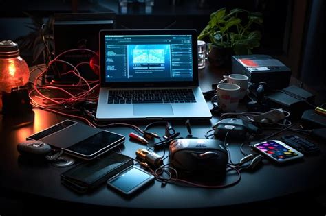 Premium Ai Image Hacker S Tools On A Desk Laptops Encrypted Usbs And Dark Web Interfaces