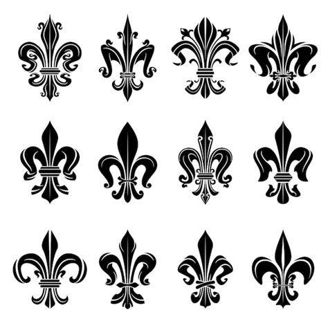 장식용 꽃 장식으로 장식된 검은 백합 문양 기호가 있는 국장 엠블럼 또는 중세 디자인을 위한 왕실 프랑스 문장 디자인 요소