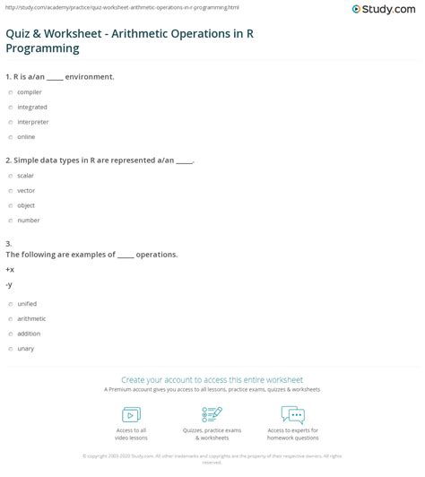 Quiz And Worksheet Arithmetic Operations In R Programming
