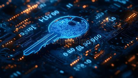 Digital Security Key With Circuit Pattern Blue Binary Background Stock Illustration