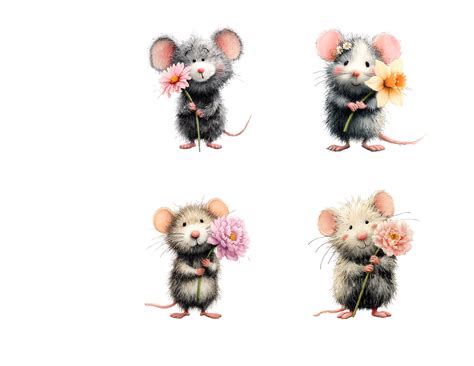 Mice Clipart With Flowers Whimsical Digital Art 12 Designs Etsy