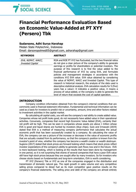 Pdf Financial Performance Evaluation Based On Economic Value Added At Pt Xyy Persero Tbk