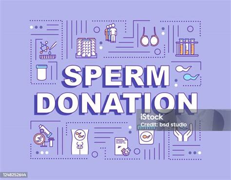 정자 기부 단어 개념 배너입니다 보조 생식 기술 남성 기증자 보라색 배경에 선형 아이콘이 있는 인포그래픽 격리 된 타이포그래피 벡터 윤곽rgb 색상 일러스트레이션 개념에