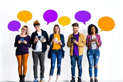 Young Adults Using Devices Colorful Speech Bubbles Show Communication And Social Interaction