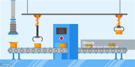 스마트 산업 40 고 기술 조립 라인 플랫 스타일 디자인 벡터 일러스트 레이 션 개념 로봇 팔 골 판지 상자와 자동화 라인 공장 생산 라인과 생산 컨베이어 벨트 개념에 대한