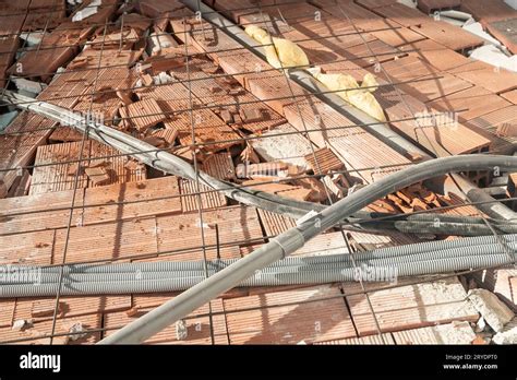 Wire Mesh Steel And Piping For Electrical Wiring On Floor Stock Photo Alamy