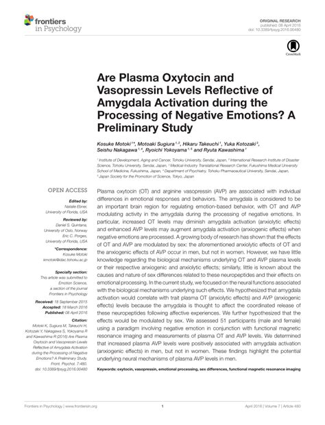 Pdf Are Plasma Oxytocin And Vasopressin Levels Reflective Of Amygdala Activation During The