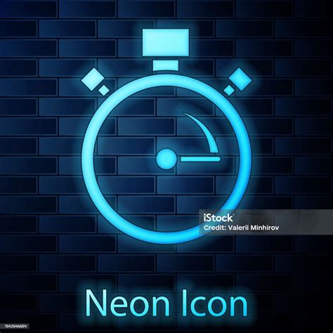 벽돌 벽 배경에 고립 된 빛나는 네온 스톱 워치 아이콘 시간 타이머 기호입니다 크로노미터 기호 벡터 스톱워치에 대한 스톡 벡터 아트 및 기타 이미지 Istock