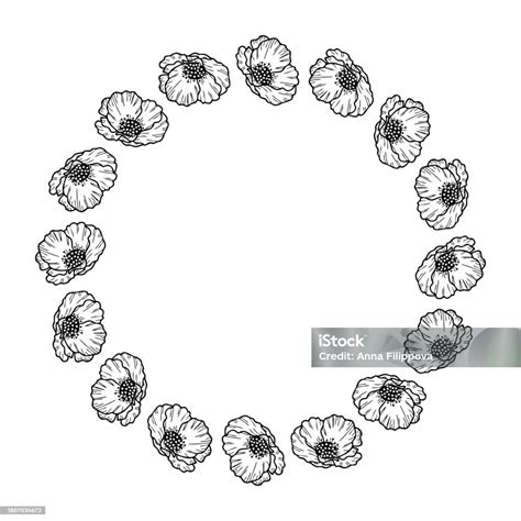 사실적인 양귀비 꽃으로 낙서 화환 티셔츠 스티커 엽서 포스터에 어울리는 멋진 프린트 장식과 디자인에 대 한 손으로 그린 벡터 그림 개화기에 대한 스톡 벡터 아트 및 기타