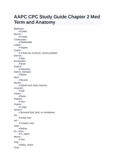 AAPC CPC Study Guide Chapter 2 Med Term And Anatomy Exams Nursing Docsity