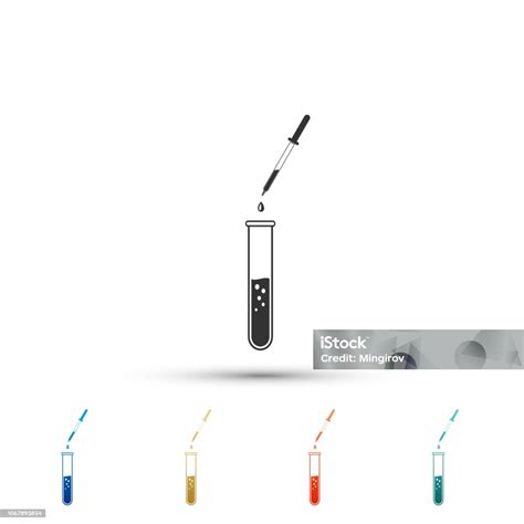 실험실 유리 시험관 아이콘 흰색 배경에 고립 된 액체와 떨어지는 물방울과 피 펫 실험실 연구 또는 실험실 테스트입니다 착 색 된 아이콘입니다 평면 디자인입니다 벡터 일러스트